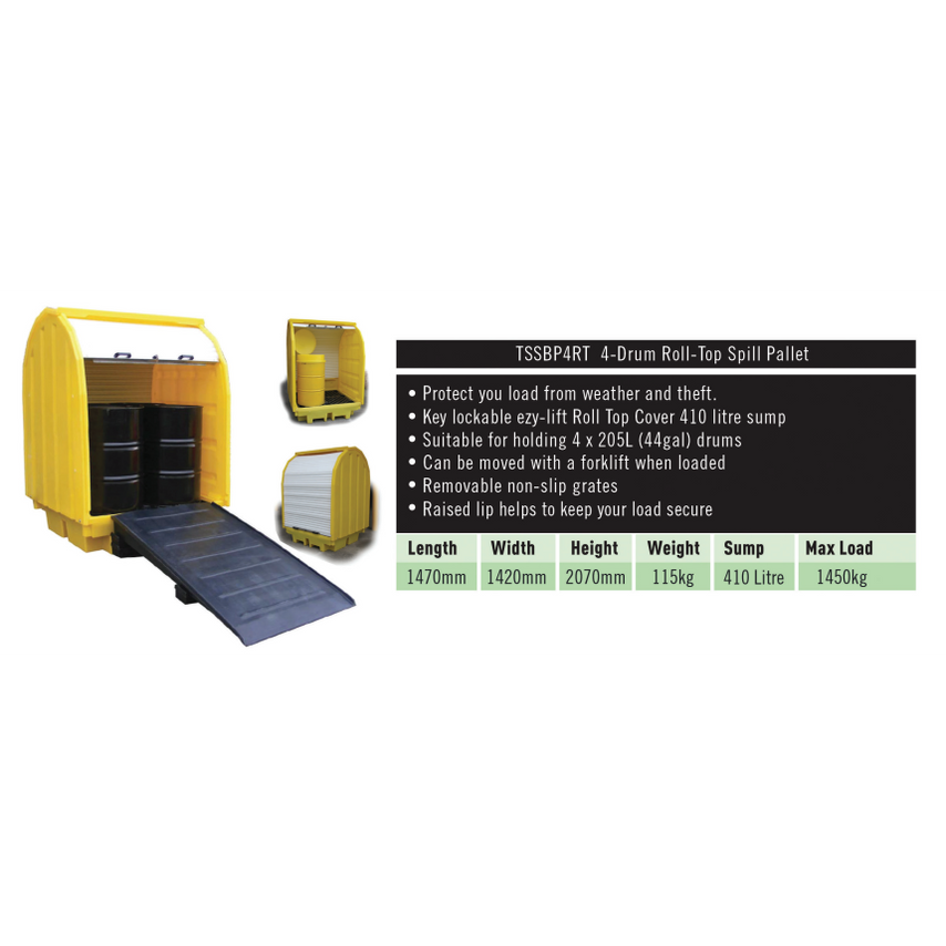 Spill Station BP4RT 4-Drum Roll-Top Spill Pallet — Safety Solutions ...